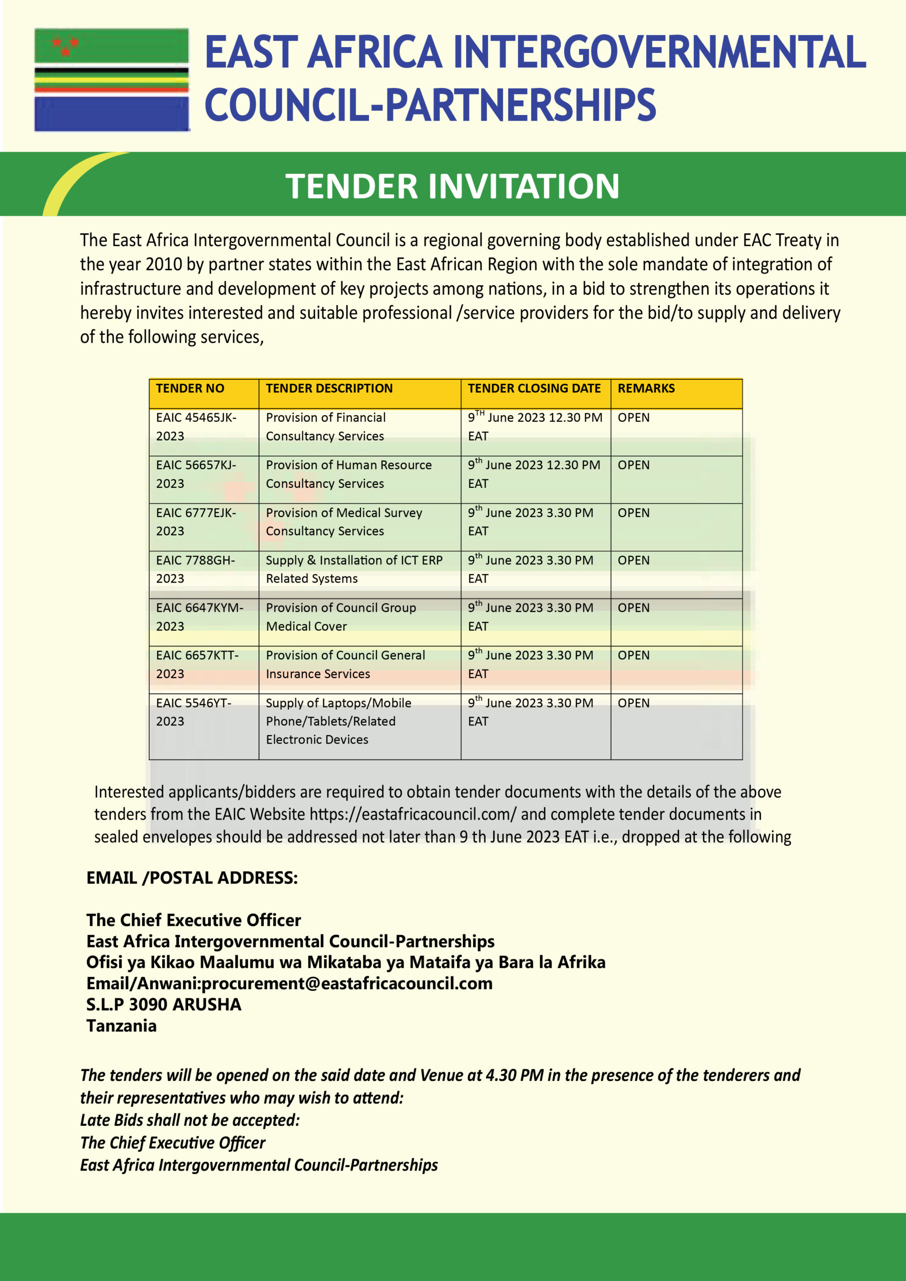 Tender invitation - EAST AFRICAN INTERGOVERNMENTAL COUNCIL